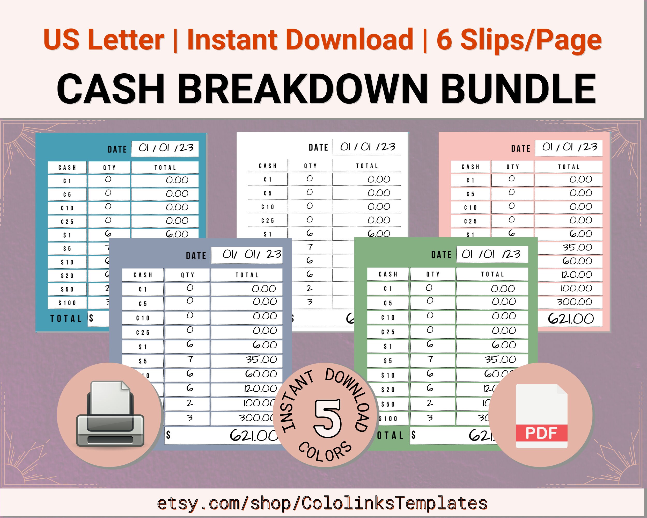 Set of 5 PRINTABLE Cash Breakdown Slips, Teller Slips, Cash Inserts ...