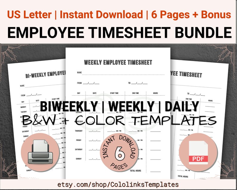 Set of 6 PRINTABLE Employee Timesheet Bundle, Time Tracker, Employee ...