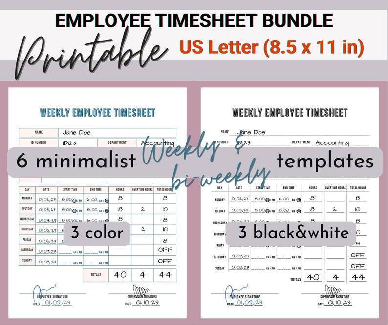 Set of 6 PRINTABLE Employee Timesheet Bundle Time Tracker - Etsy