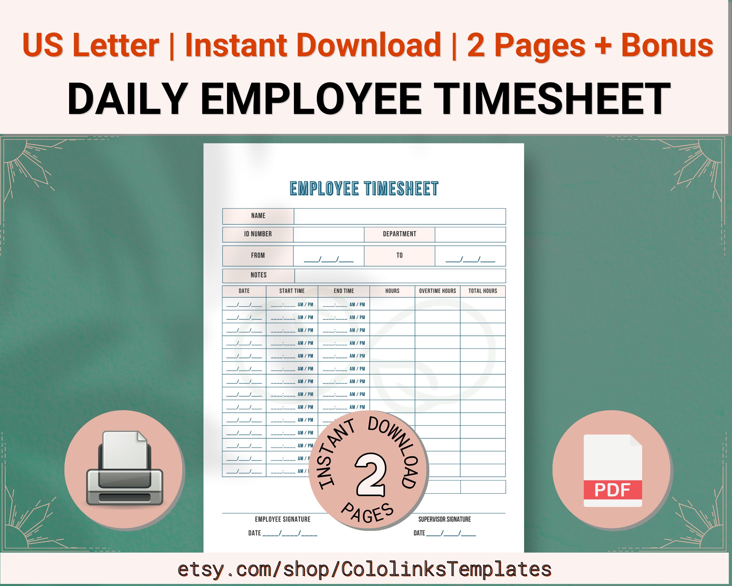 Set of 2 PRINTABLE Employee Timesheet Bundle, Time Tracker, Employee ...