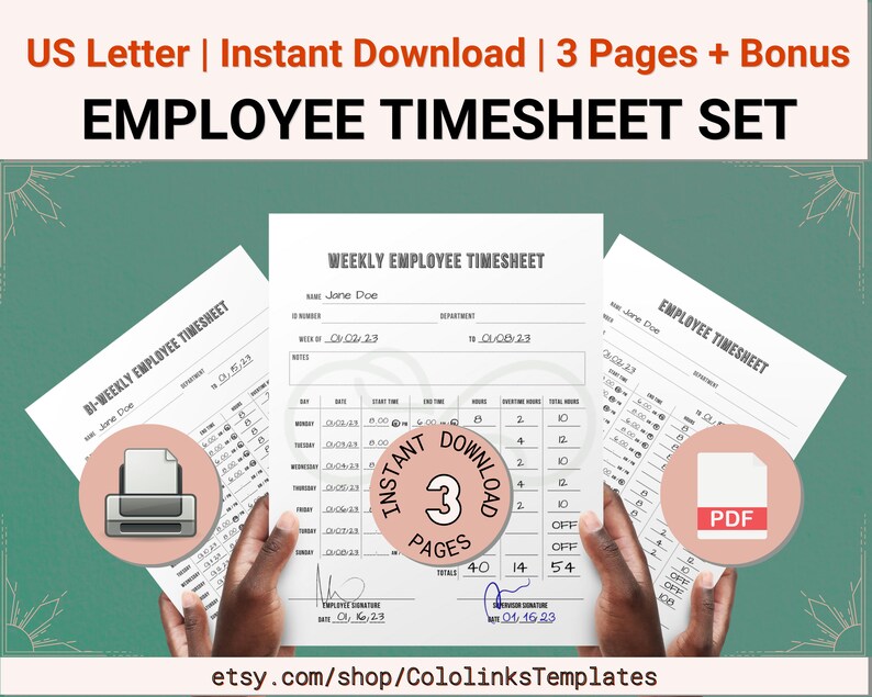 Set of 3 PRINTABLE Employee Timesheet Bundle Time Tracker - Etsy