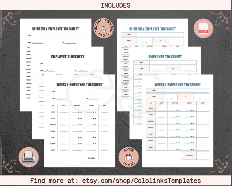 Set of 6 PRINTABLE Employee Timesheet Bundle, Time Tracker, Employee ...