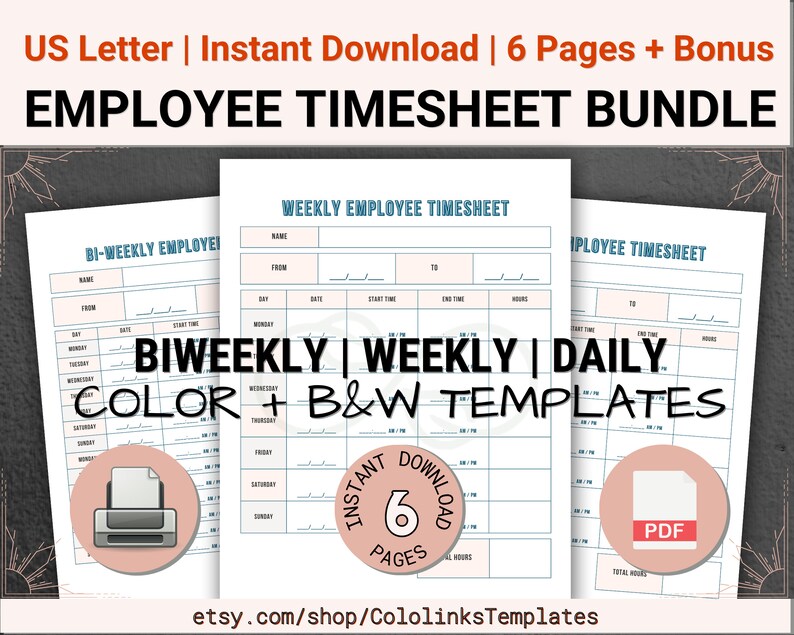 Set of 6 PRINTABLE Employee Timesheet Bundle, Time Tracker, Employee ...