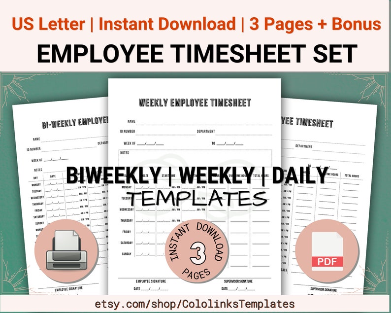 Set of 3 PRINTABLE Employee Timesheet Bundle, Time Tracker, Employee ...