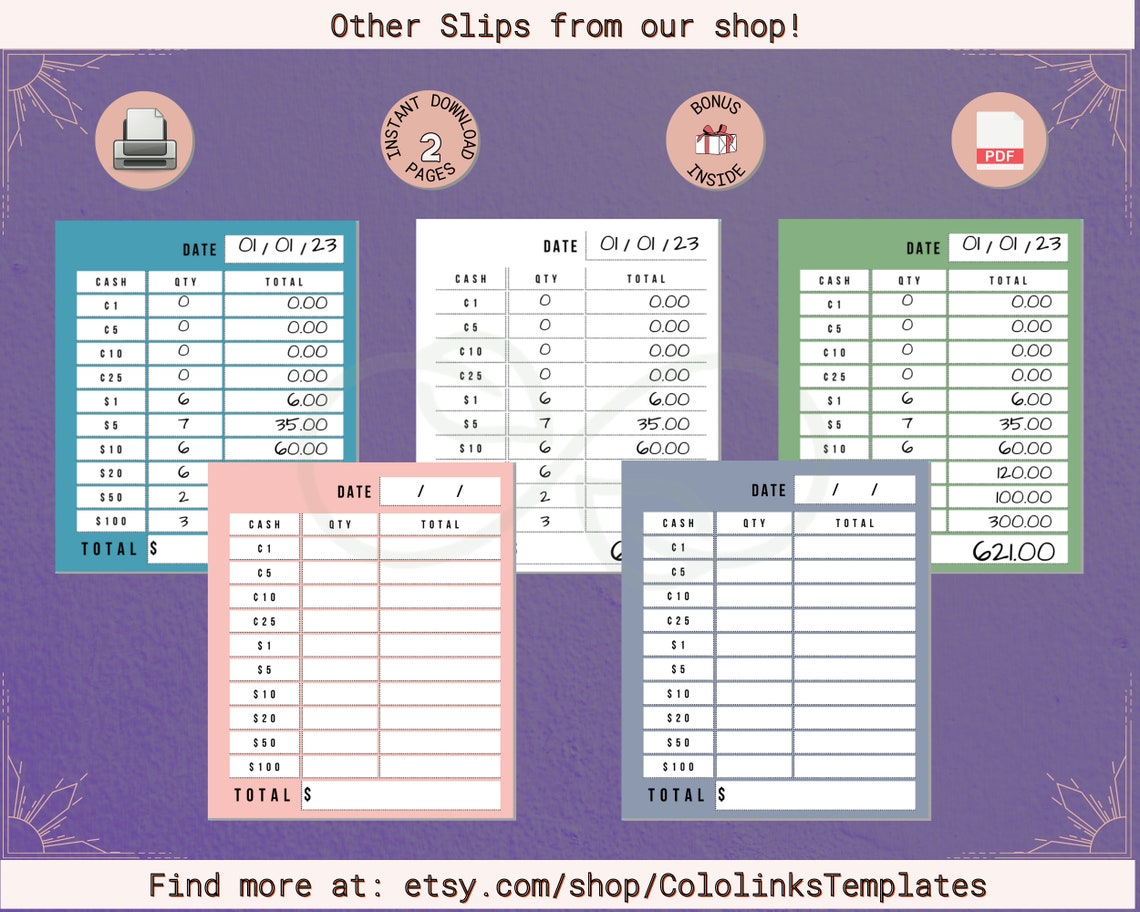 Printable Cash Breakdown Slips: Teller Slips, Bank Slip (PDF) - Etsy