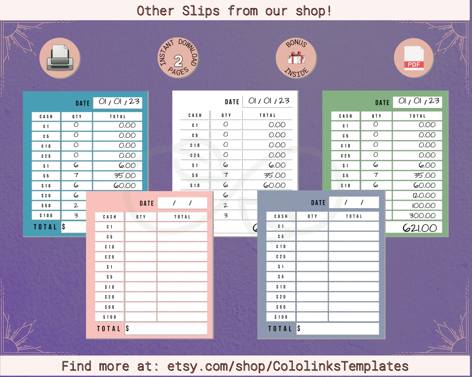Printable Cash Breakdown Slips: Teller Slips, Bank Slip (PDF) - Etsy