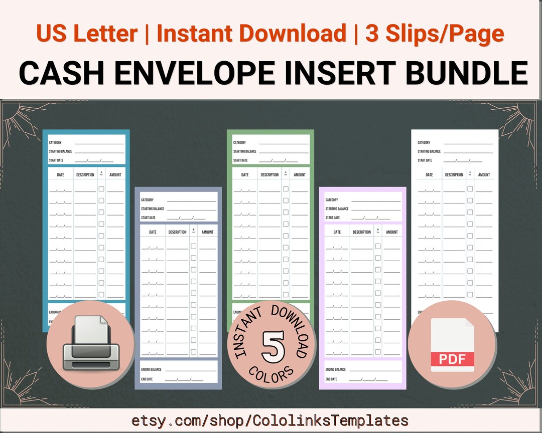 Set of 5 PRINTABLE Cash Envelope Inserts, Budgeting Inserts, Cash ...