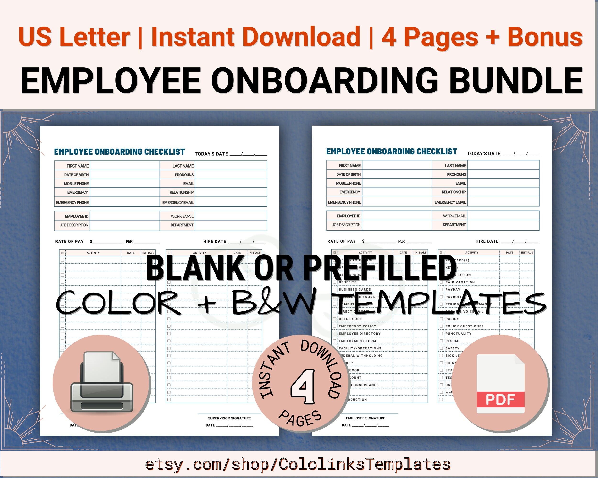 Set of 4 PRINTABLE New Hire Checklist, Employee Onboarding Checklist ...