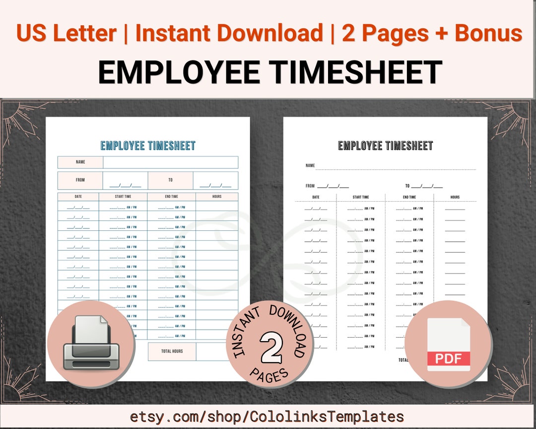 Set of 2 PRINTABLE Employee Timesheet Bundle, Time Tracker, Employee ...