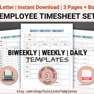 Set of 3 PRINTABLE Employee Timesheet Bundle, Time Tracker, Employee ...