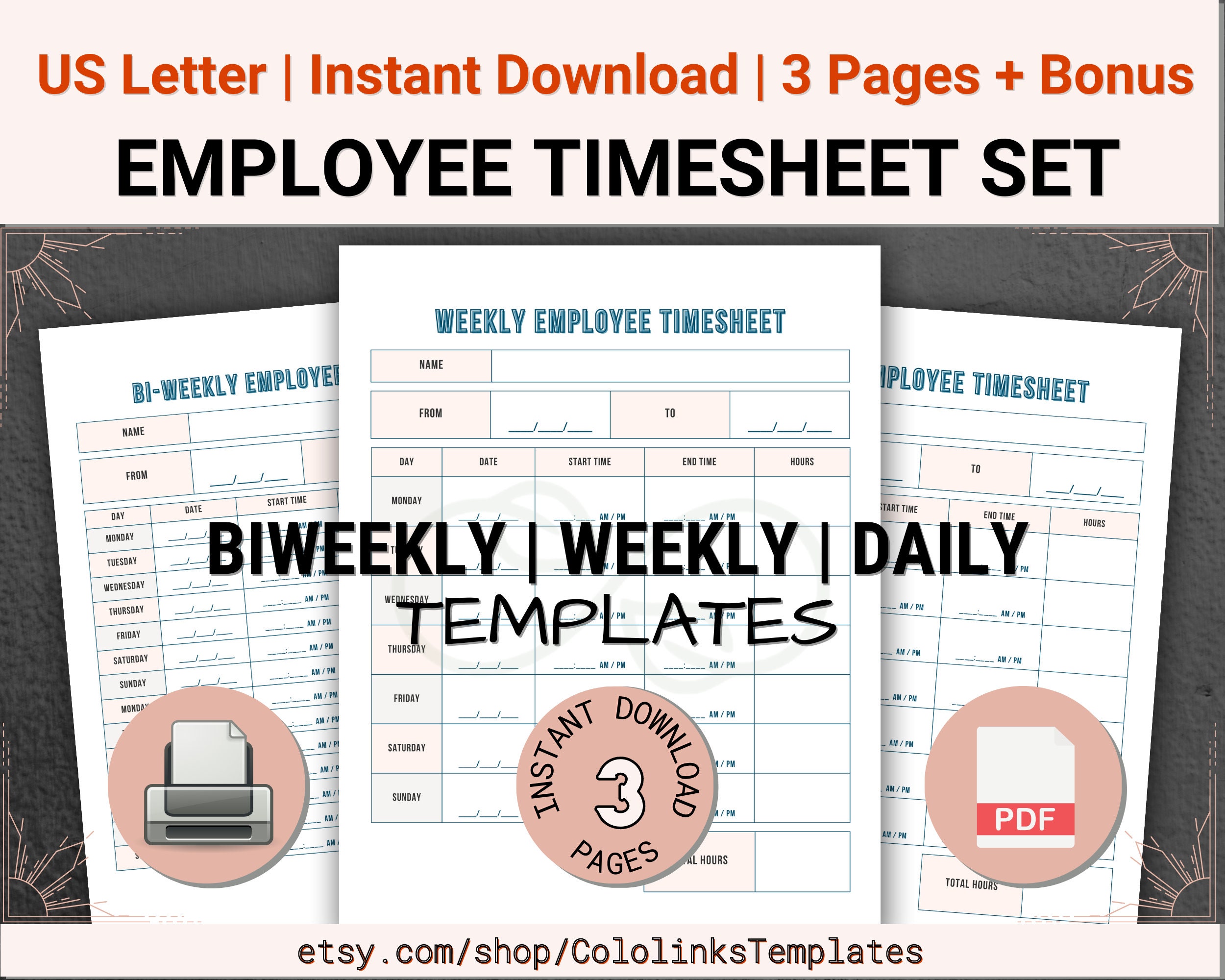 Set of 3 PRINTABLE Employee Timesheet Bundle, Time Tracker, Employee ...