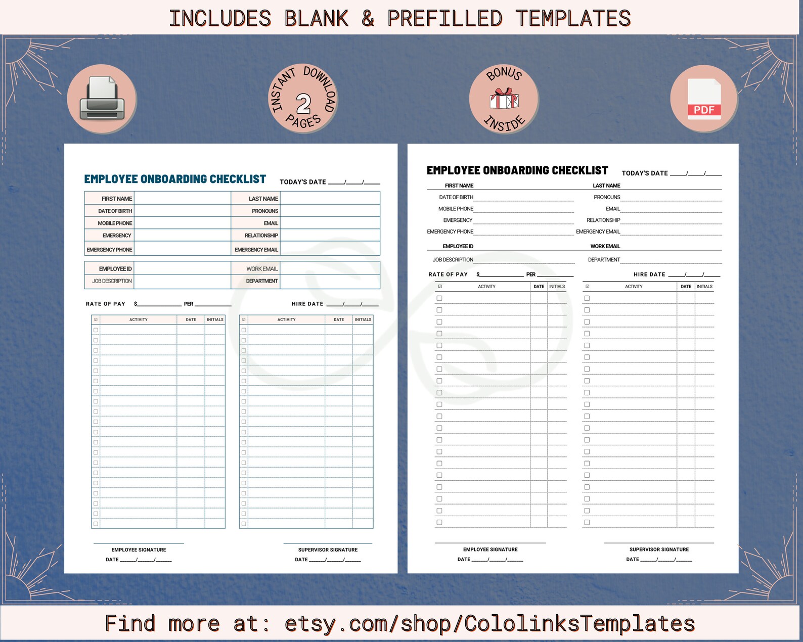 Set of 2 PRINTABLE New Hire Checklist, Employee Onboarding Checklist ...
