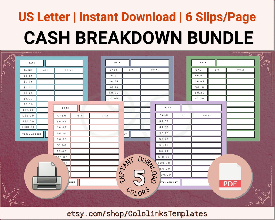Set of 5 PRINTABLE Cash Breakdown Slips, Teller Slips, Cash Inserts ...