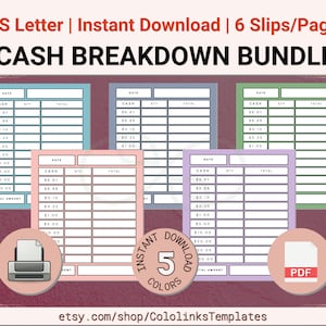 Set of 5 PRINTABLE Cash Breakdown Slips, Teller Slips, Cash Inserts ...