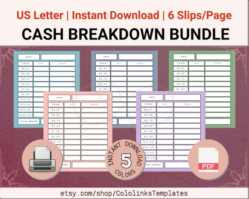 Set of 5 PRINTABLE Cash Breakdown Slips, Teller Slips, Cash Inserts ...