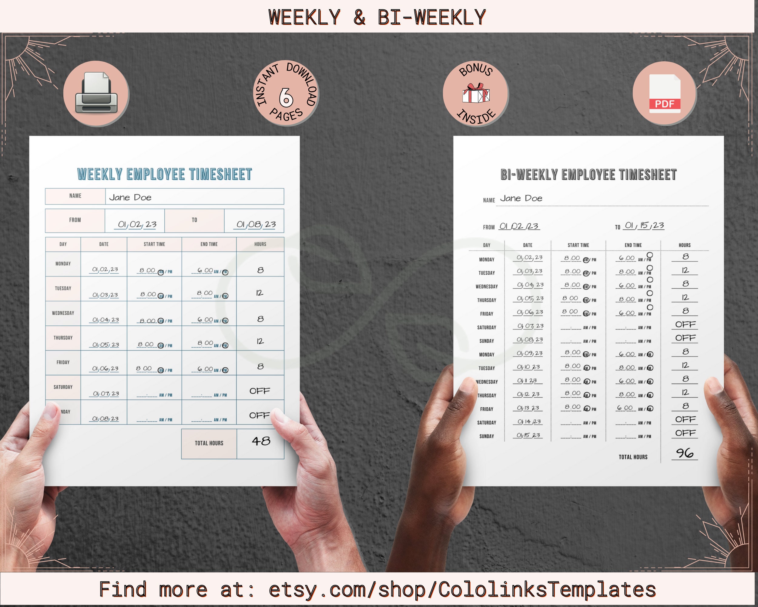 Set of 6 PRINTABLE Employee Timesheet Bundle, Time Tracker, Employee ...