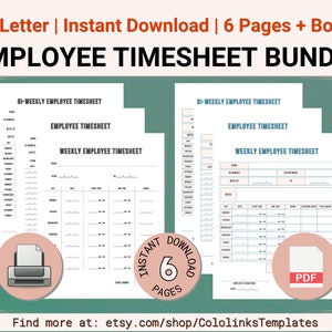 Set of 6 PRINTABLE Employee Timesheet Bundle, Time Tracker, Employee ...