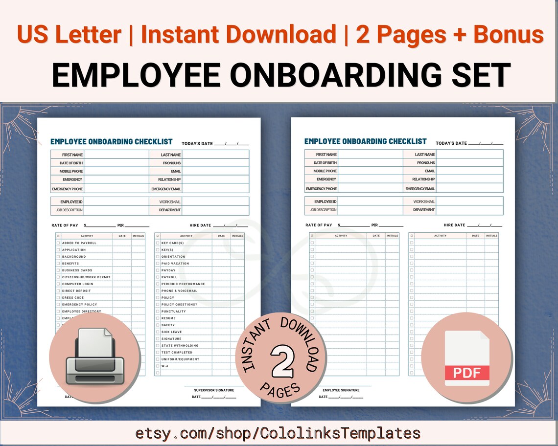 Set of 2 PRINTABLE New Hire Checklist, Employee Onboarding Checklist ...