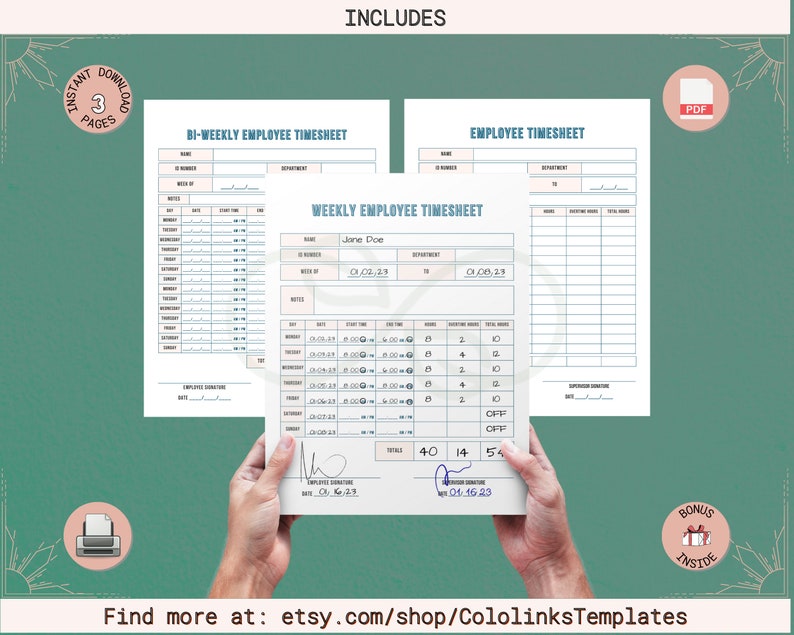 Set of 3 PRINTABLE Employee Timesheet Bundle, Time Tracker, Employee ...