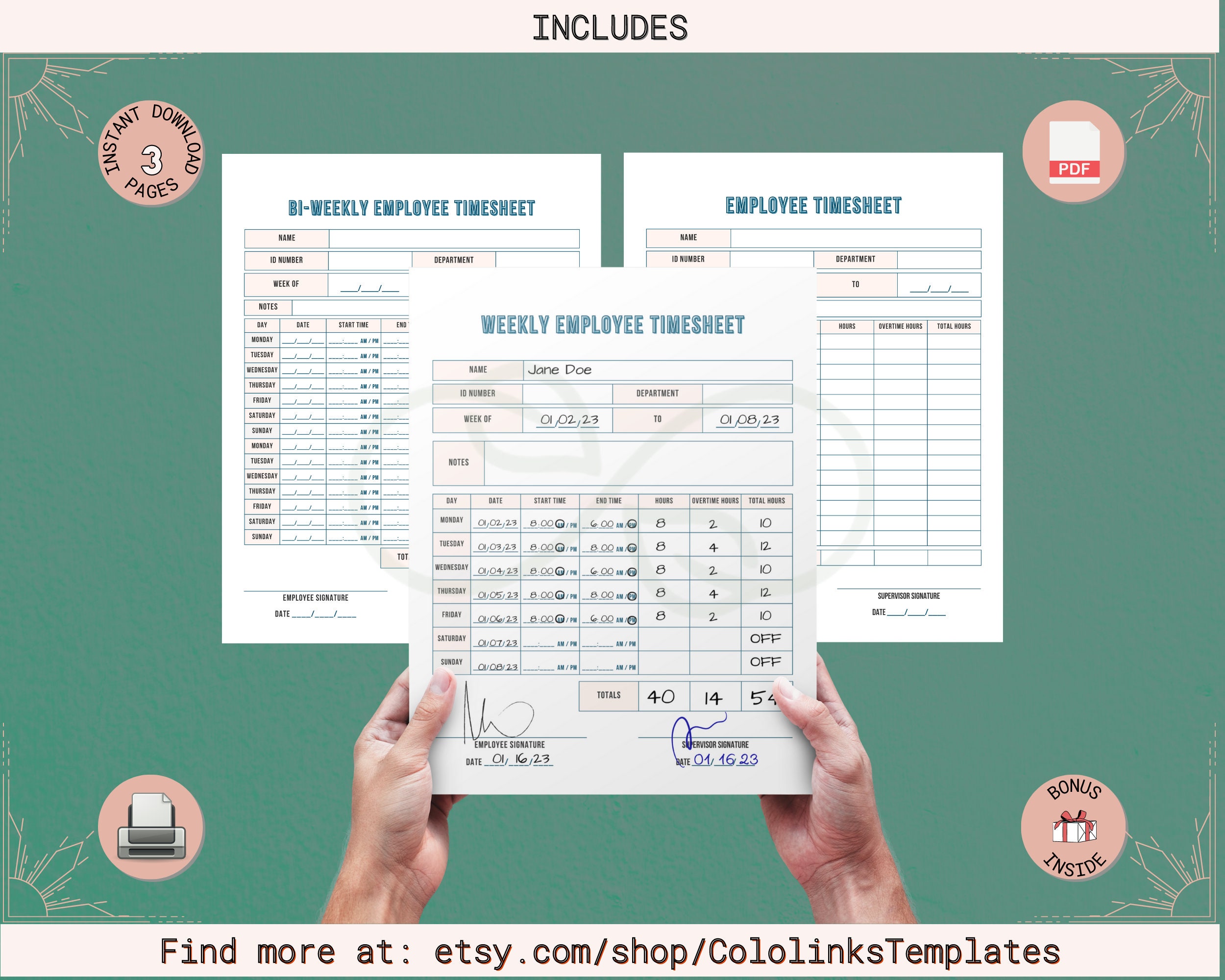 Set of 3 PRINTABLE Employee Timesheet Bundle, Time Tracker, Employee ...