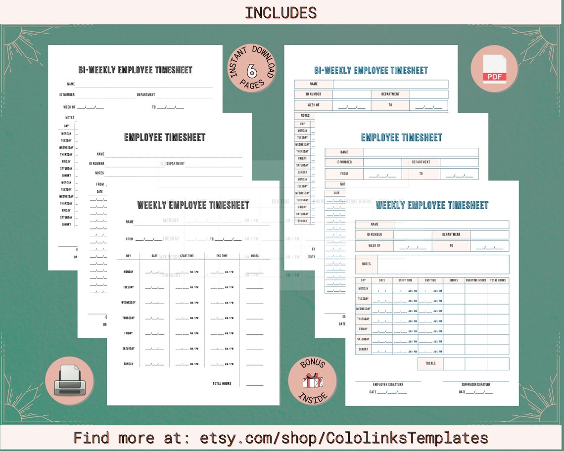 Set of 6 PRINTABLE Employee Timesheet Bundle Time Tracker - Etsy