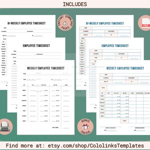 Set of 6 PRINTABLE Employee Timesheet Bundle, Time Tracker, Employee ...