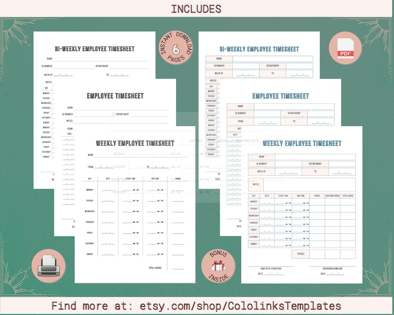 Set of 6 PRINTABLE Employee Timesheet Bundle Time Tracker - Etsy