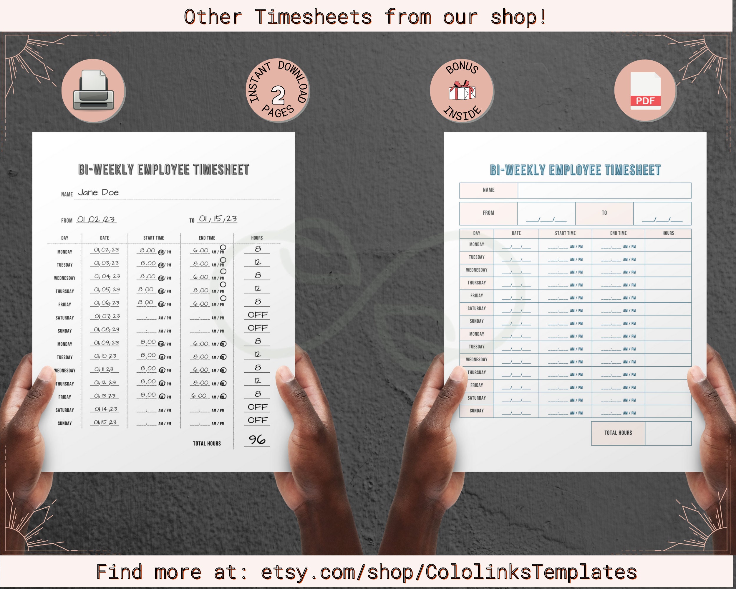 Set of 2 PRINTABLE Employee Timesheet Bundle, Time Tracker, Employee ...