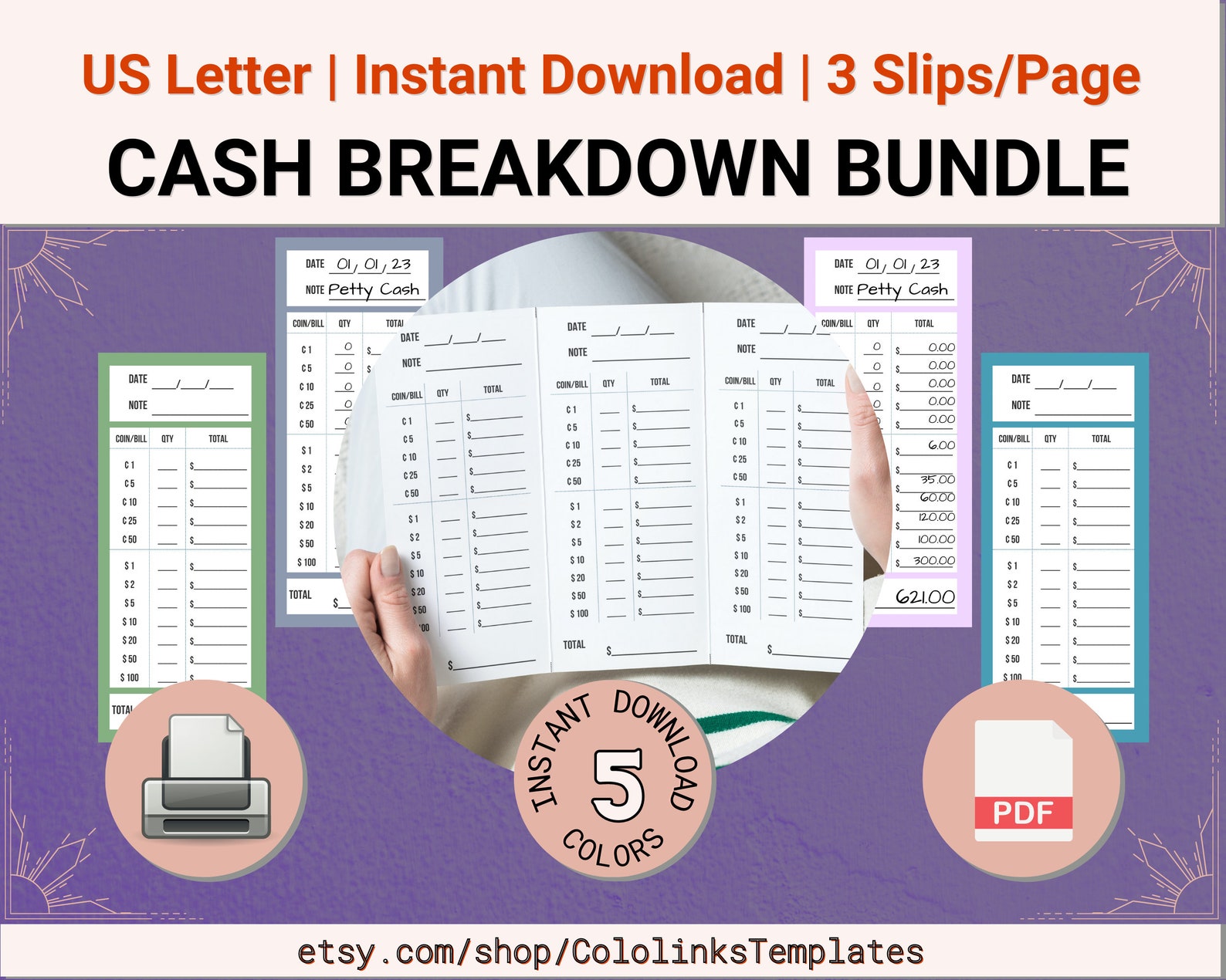 Set of 5 PRINTABLE Cash Breakdown Slips, Teller Slips, Cash Inserts ...