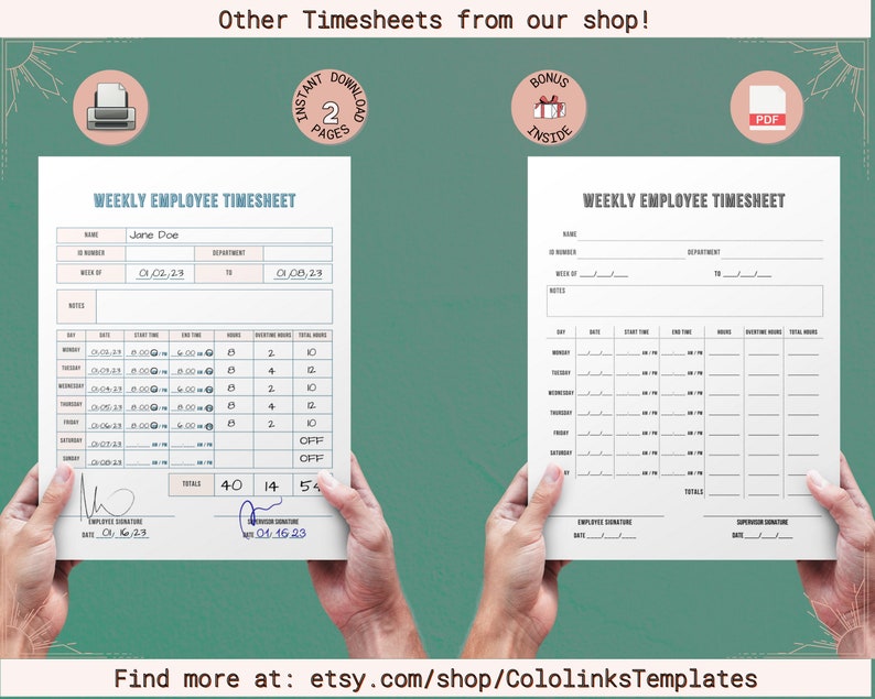 Set of 2 PRINTABLE Employee Timesheet Bundle, Time Tracker, Employee ...