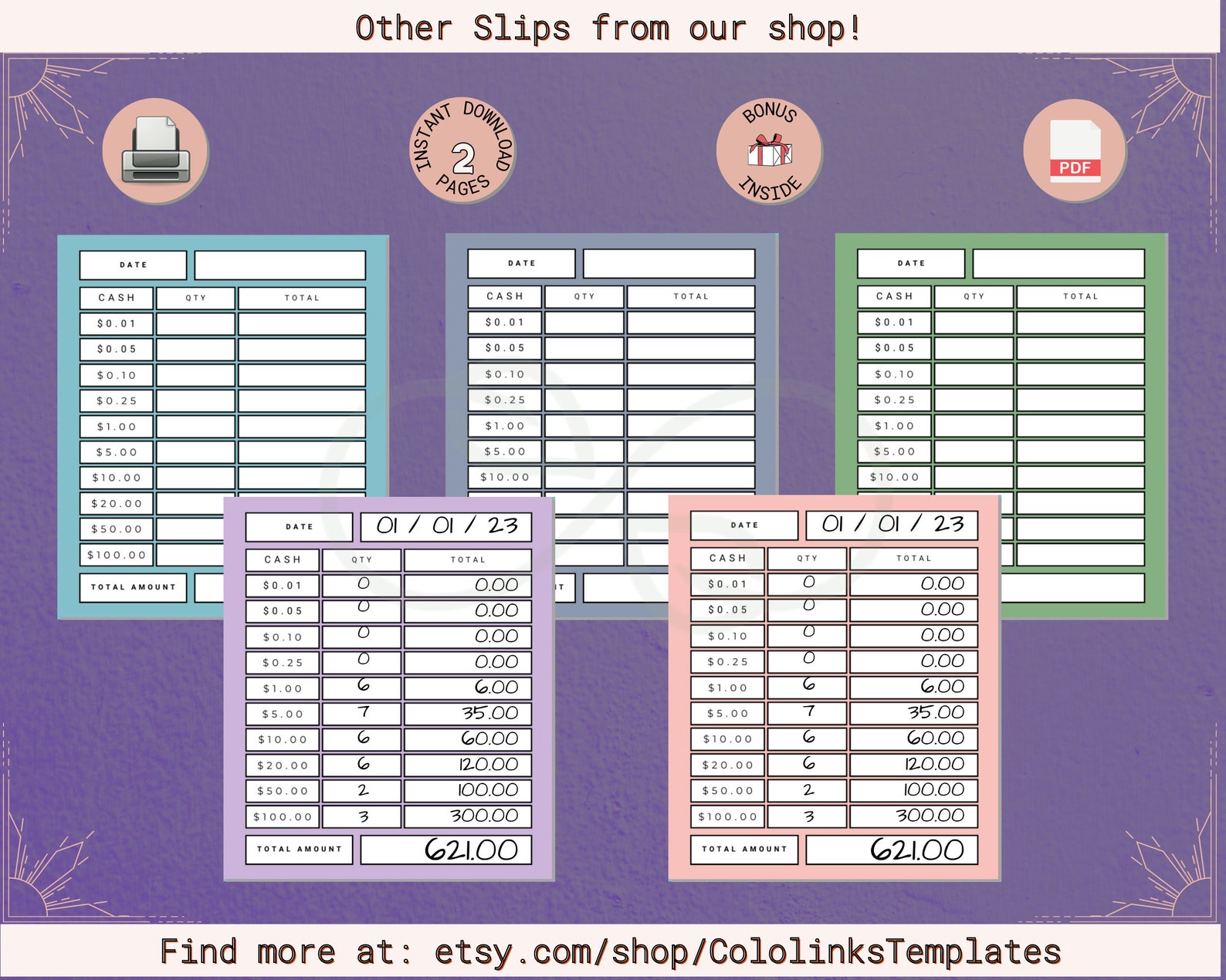 Printable Cash Breakdown Slips: Teller Slips, Bank Slip (PDF) - Etsy