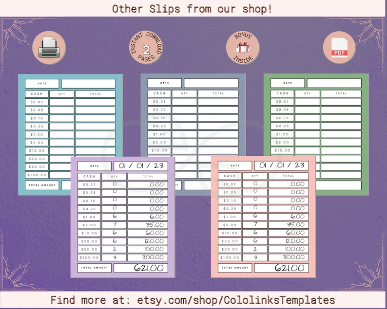 Printable Cash Breakdown Slips: Teller Slips, Bank Slip (PDF) - Etsy
