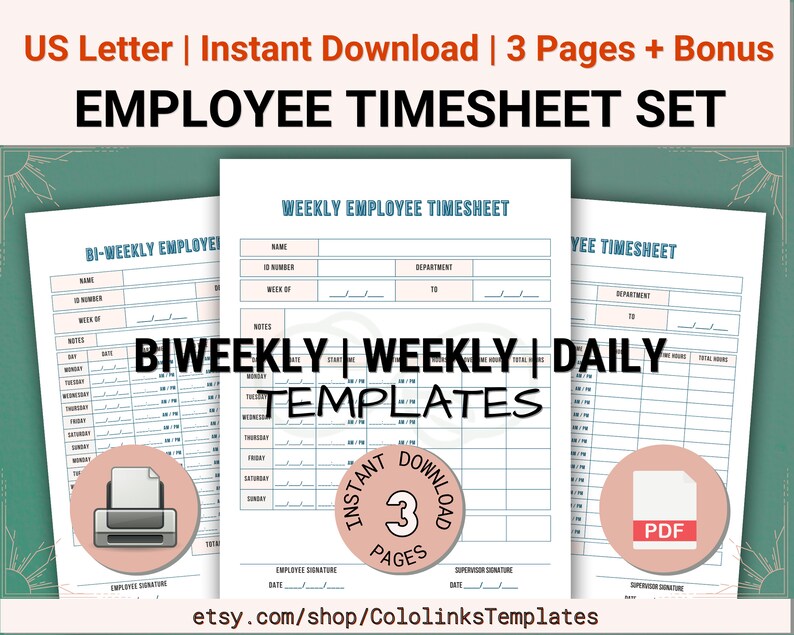 Set of 3 PRINTABLE Employee Timesheet Bundle, Time Tracker, Employee ...