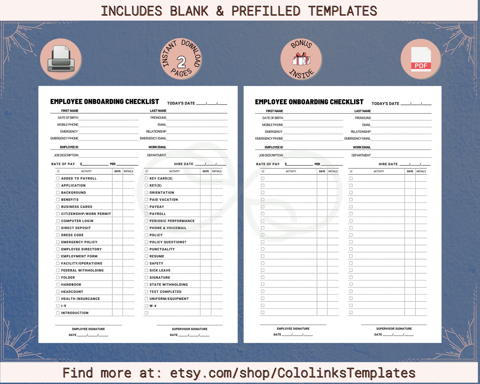 Set of 2 PRINTABLE New Hire Checklist, Employee Onboarding Checklist ...