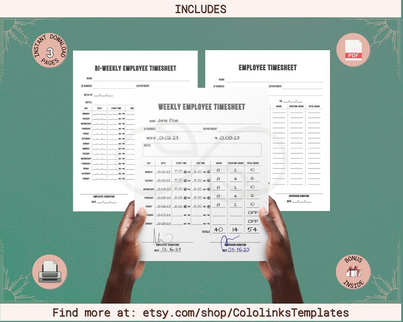 Set of 3 PRINTABLE Employee Timesheet Bundle Time Tracker - Etsy