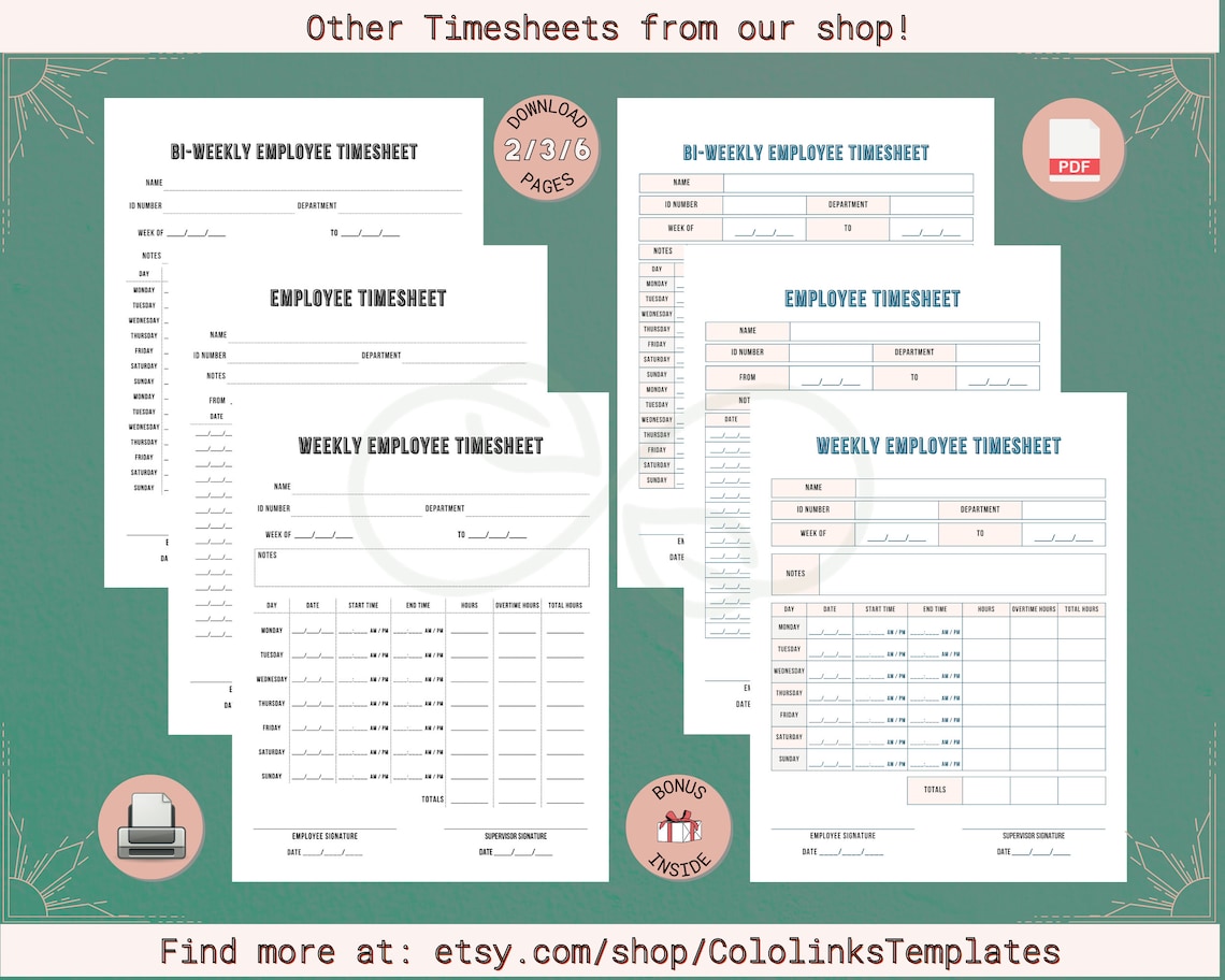 Set of 3 PRINTABLE Employee Timesheet Bundle, Time Tracker, Employee ...