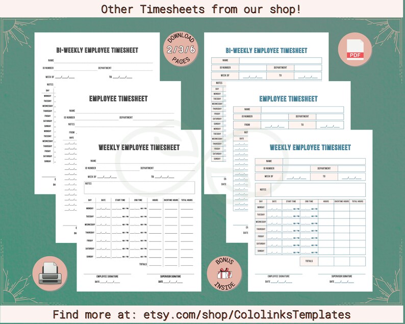 Set of 3 PRINTABLE Employee Timesheet Bundle, Time Tracker, Employee ...
