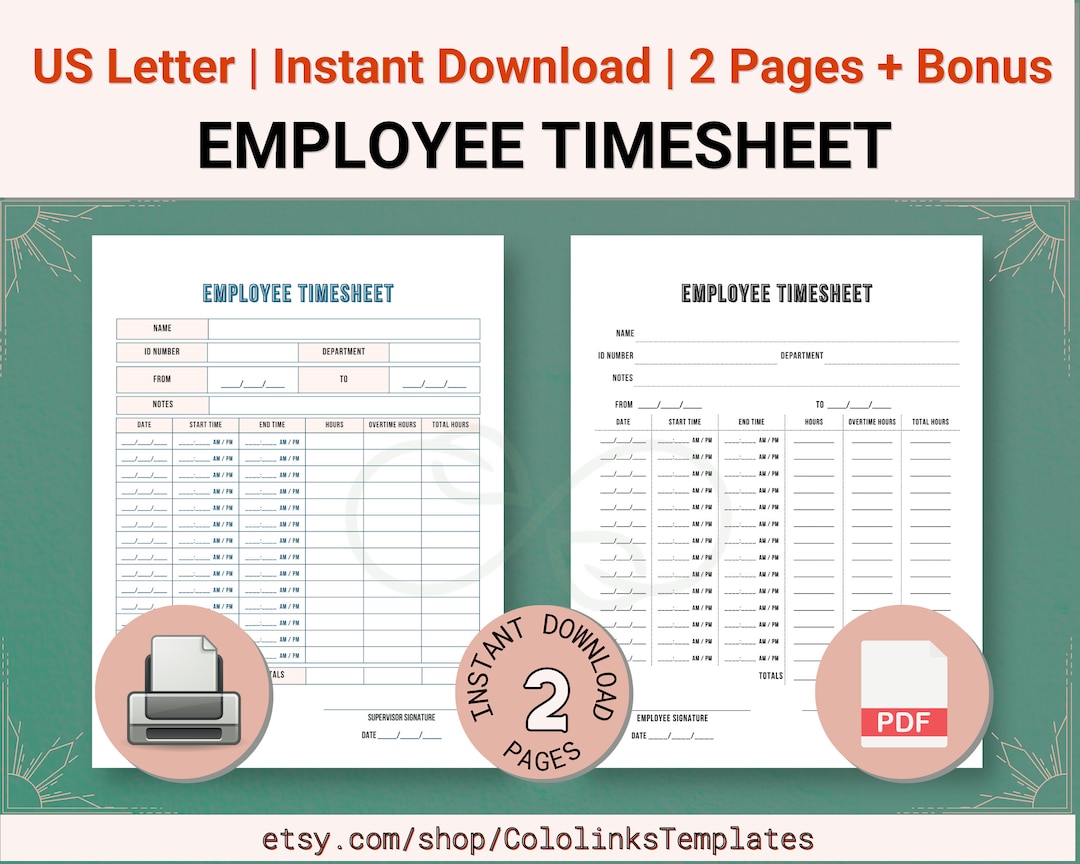 Set of 2 PRINTABLE Employee Timesheet Bundle, Time Tracker, Employee ...