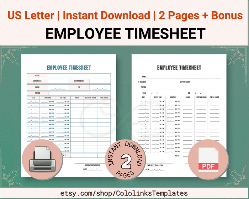 Set of 2 PRINTABLE Employee Timesheet Bundle, Time Tracker, Employee ...