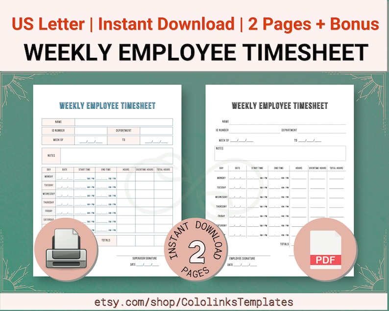 Set of 2 PRINTABLE Employee Timesheet Bundle, Time Tracker, Employee ...