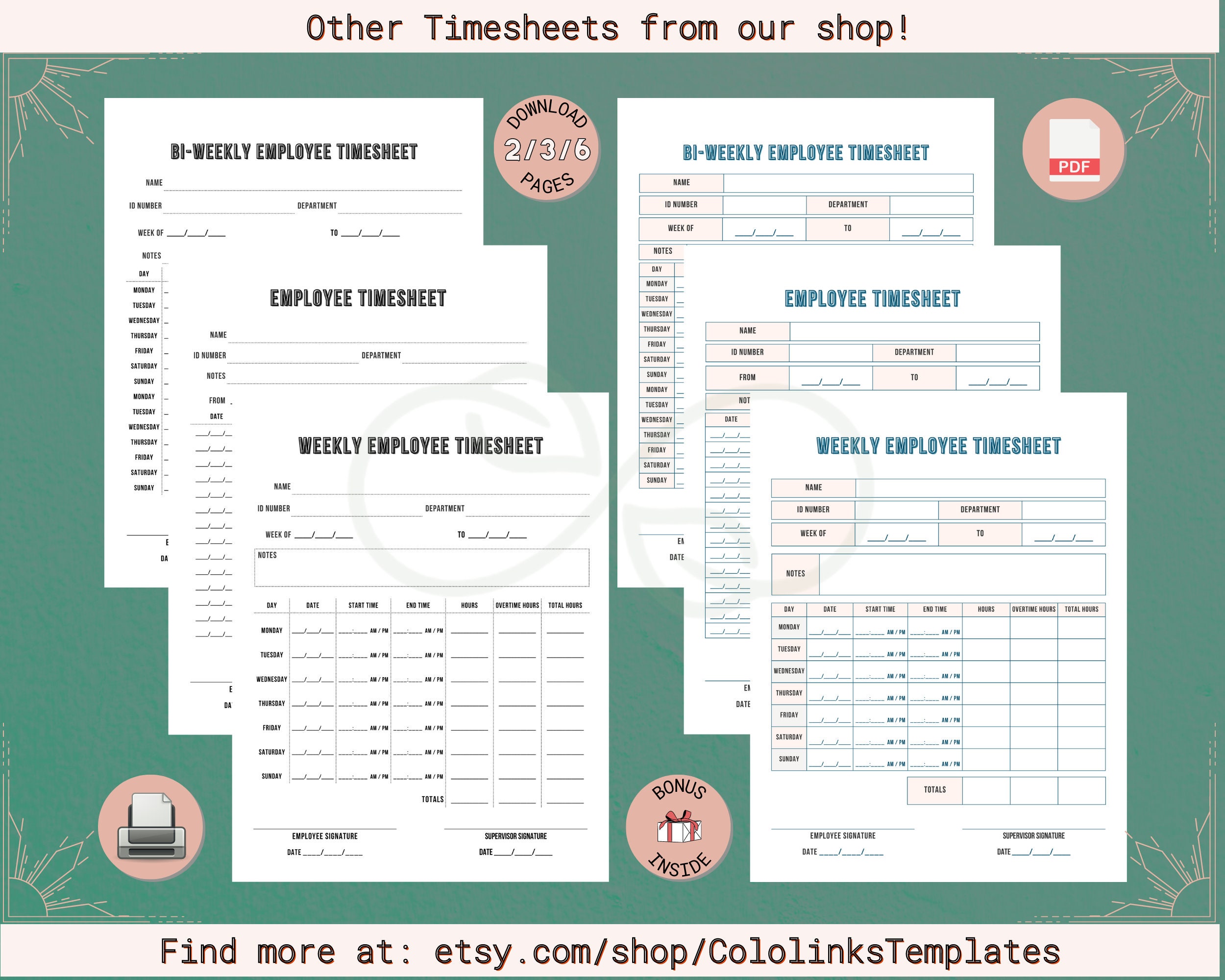 Set of 2 PRINTABLE Employee Timesheet Bundle, Time Tracker, Employee Time Tracker, Timesheet ...