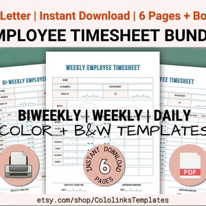 Set of 6 PRINTABLE Employee Timesheet Bundle, Time Tracker, Employee ...