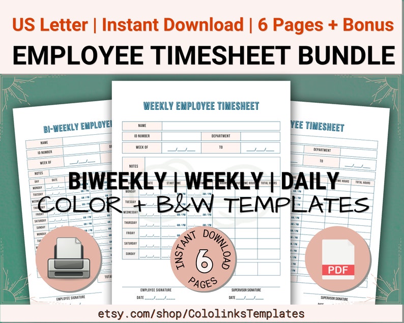 Set of 6 PRINTABLE Employee Timesheet Bundle, Time Tracker, Employee ...
