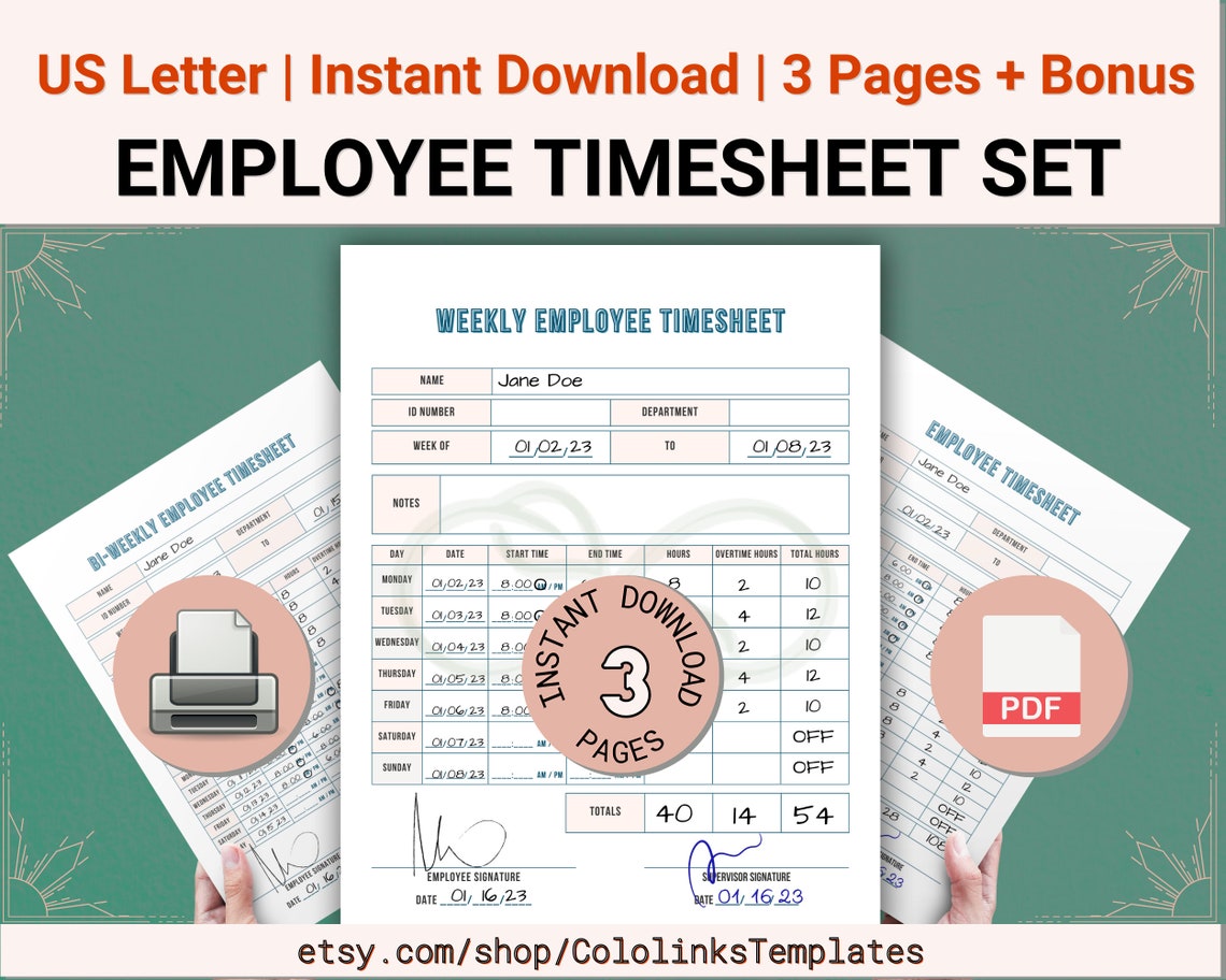 Set of 3 PRINTABLE Employee Timesheet Bundle, Time Tracker, Employee Time Tracker, Timesheet ...