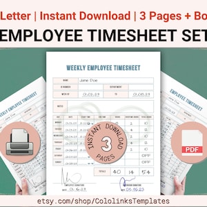 Set of 3 PRINTABLE Employee Timesheet Bundle, Time Tracker, Employee ...