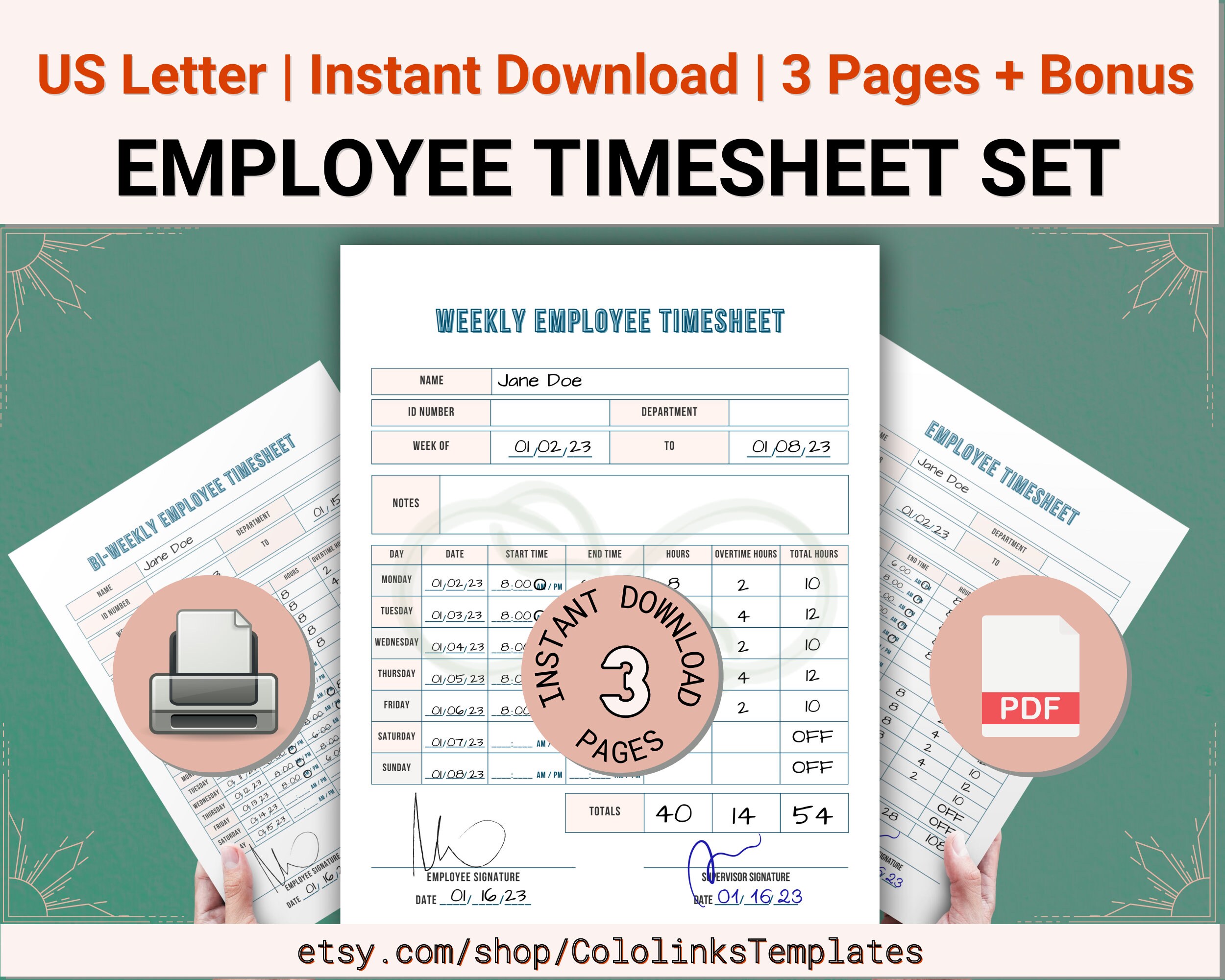 Set of 3 PRINTABLE Employee Timesheet Bundle, Time Tracker, Employee ...