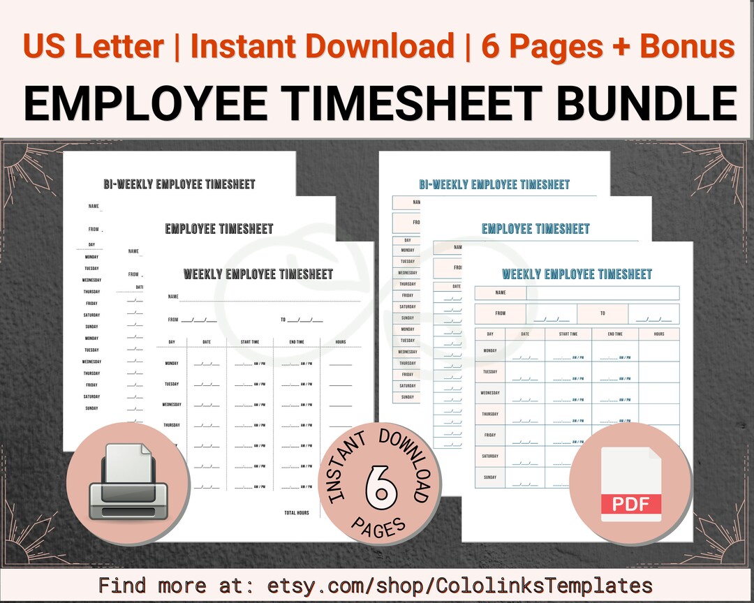 Set of 6 PRINTABLE Employee Timesheet Bundle, Time Tracker, Employee ...