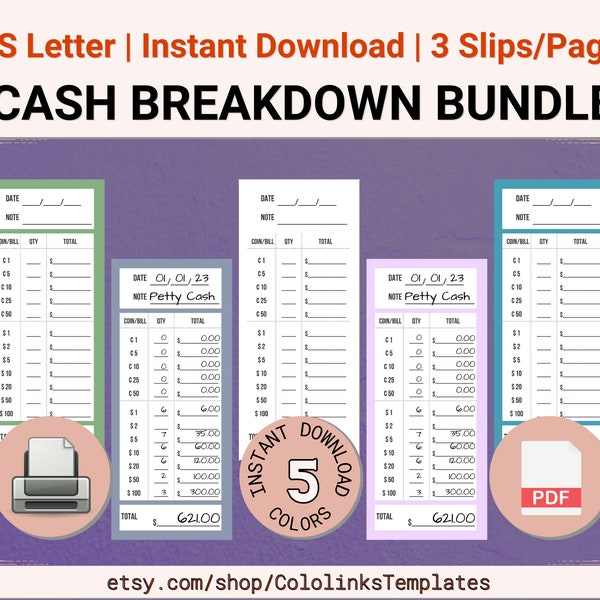 Set of 5 PRINTABLE Cash Breakdown Slips, Teller Slips, Cash Inserts ...