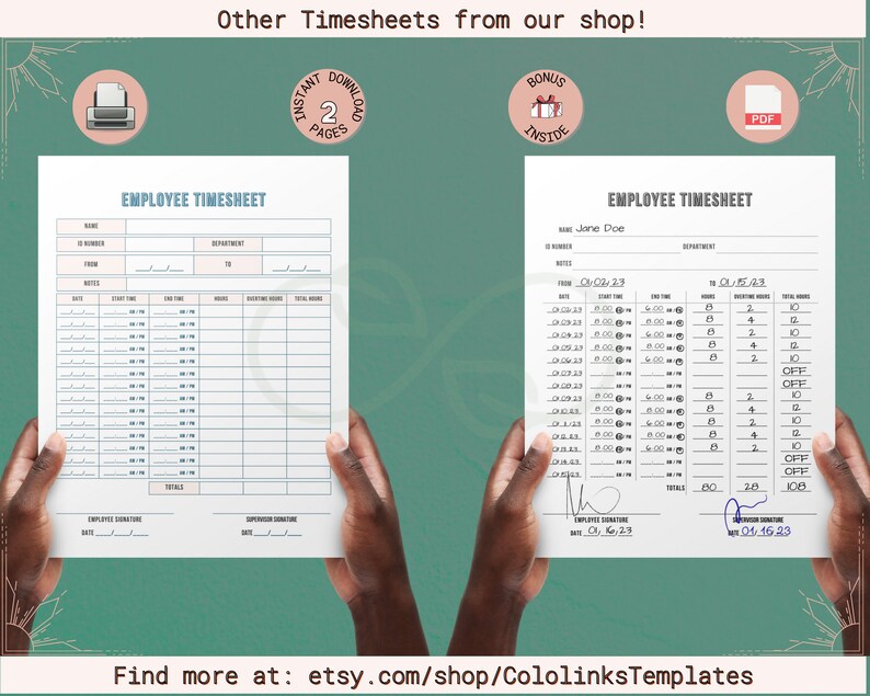 Set of 2 PRINTABLE Employee Timesheet Bundle, Time Tracker, Employee ...