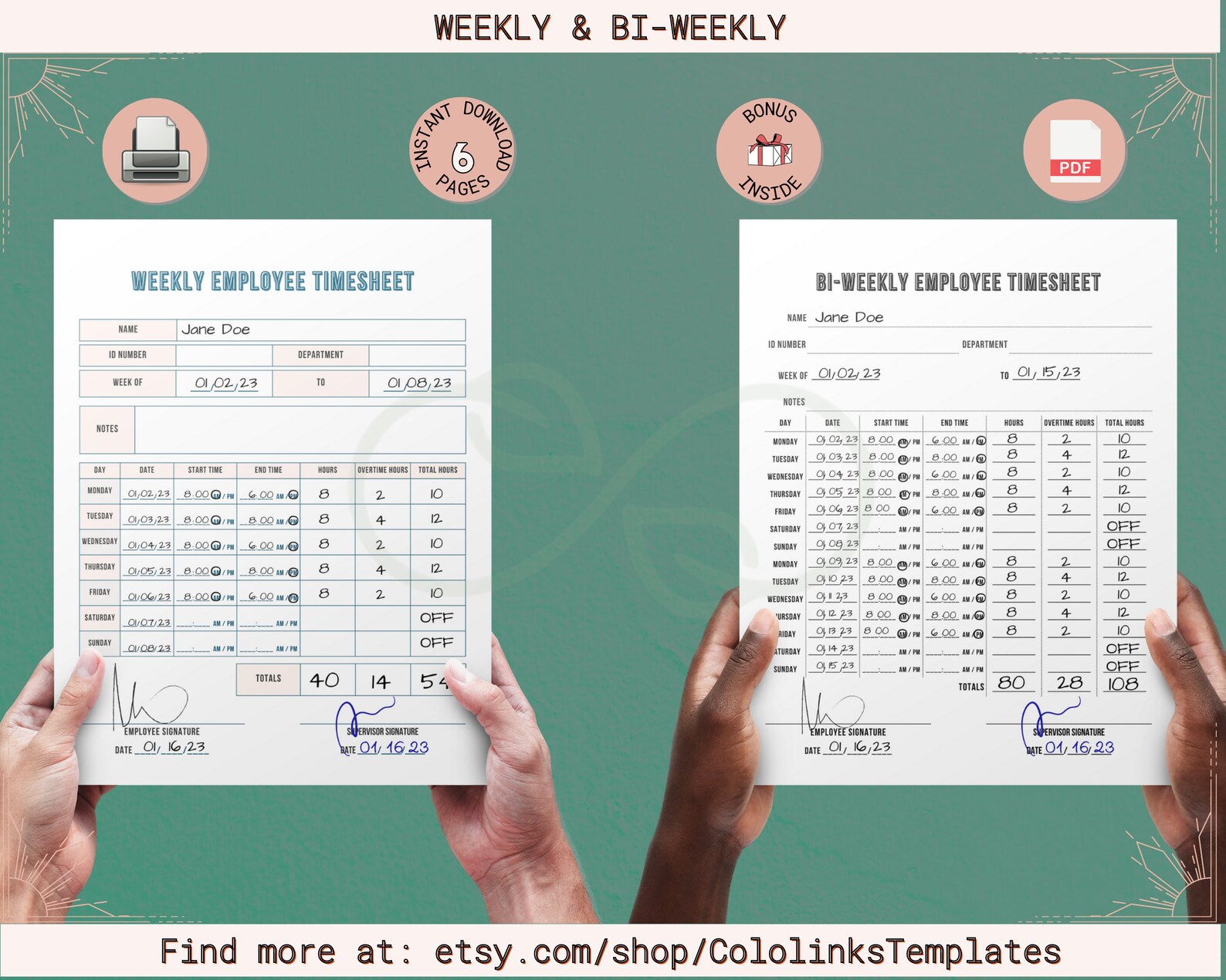 Set of 6 PRINTABLE Employee Timesheet Bundle, Time Tracker, Employee ...